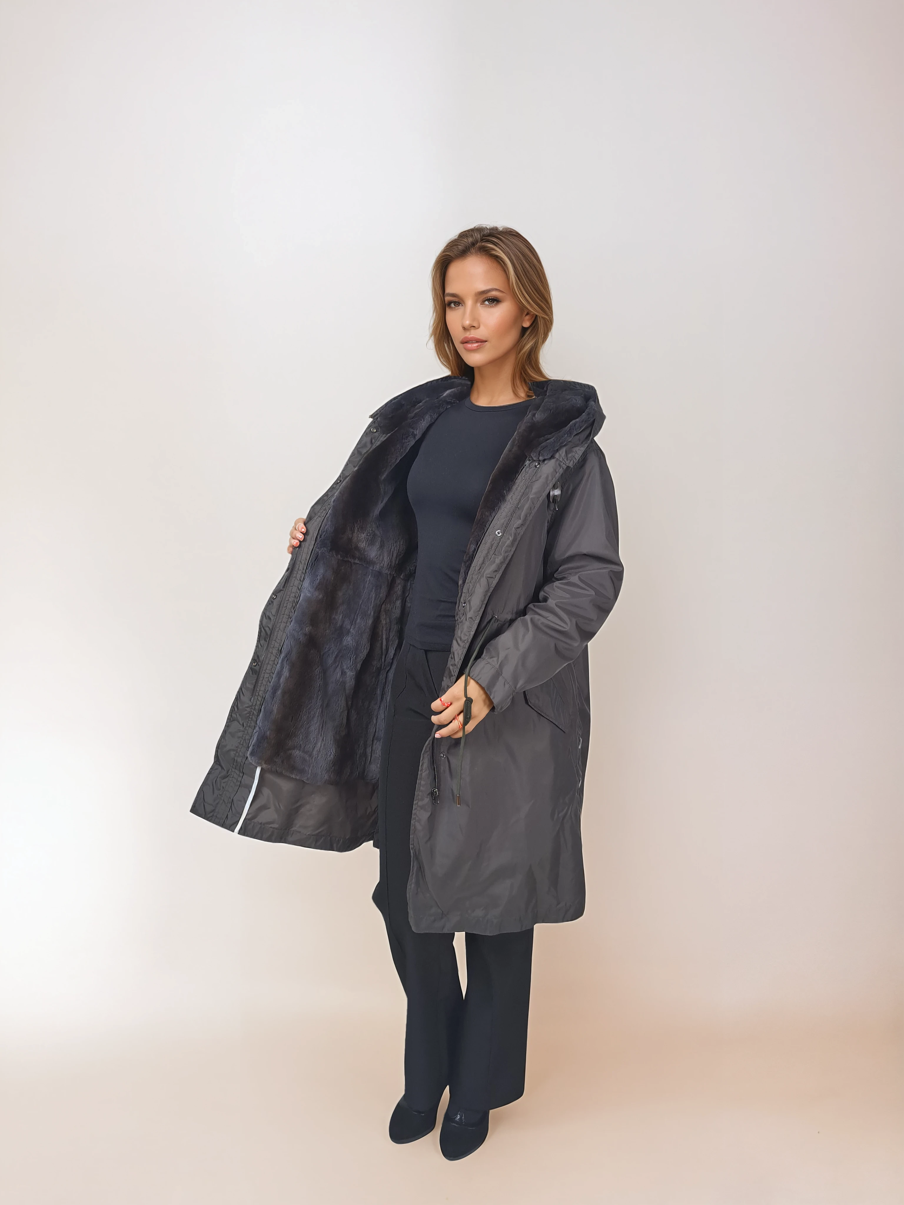 Calgary, 95 cm. - Hood - Textile - Women - Army – Levinskyfurs
